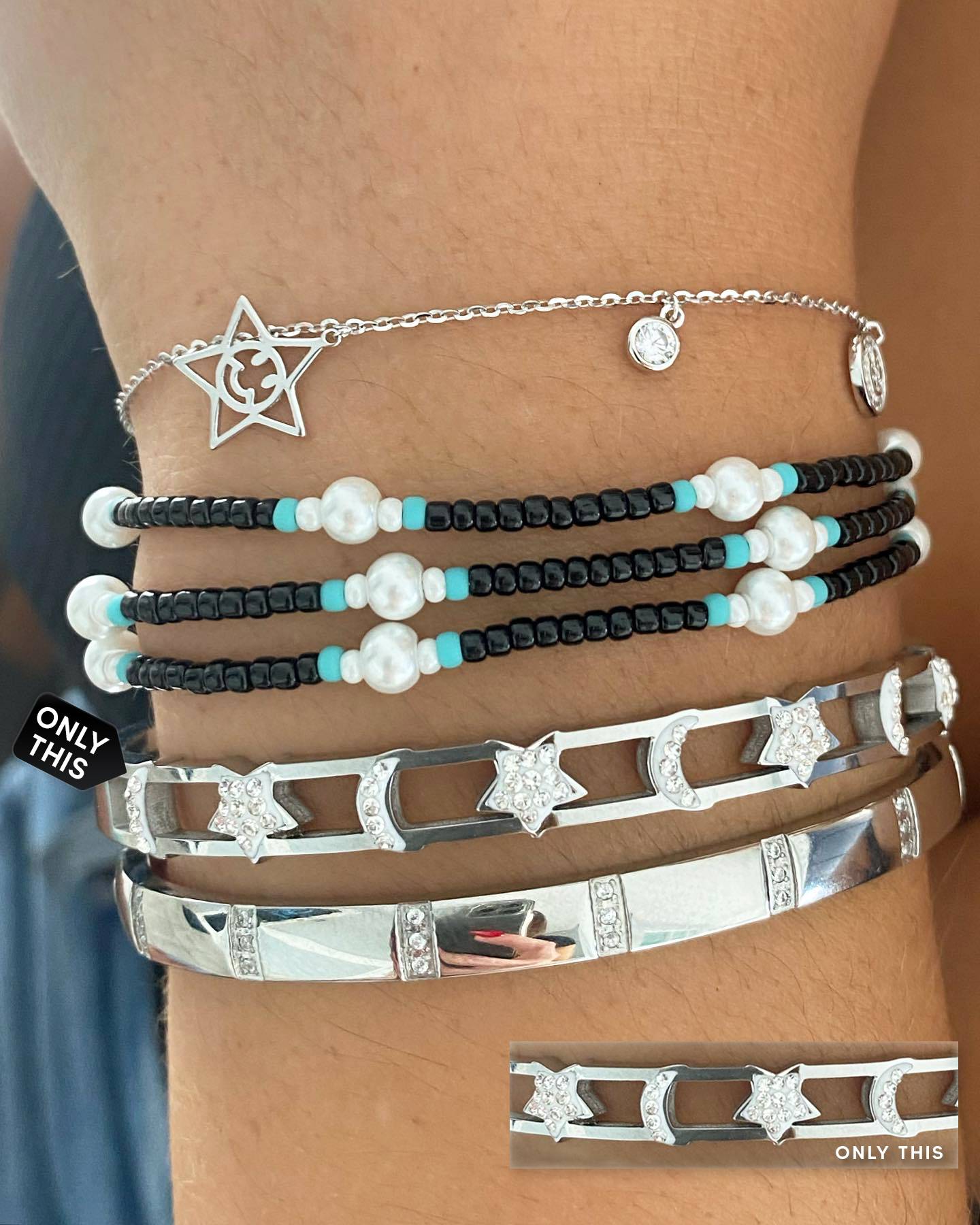 Pulsera Cosmo Estrella y Luna de Acero Inoxidable con Micro Zirconias ...