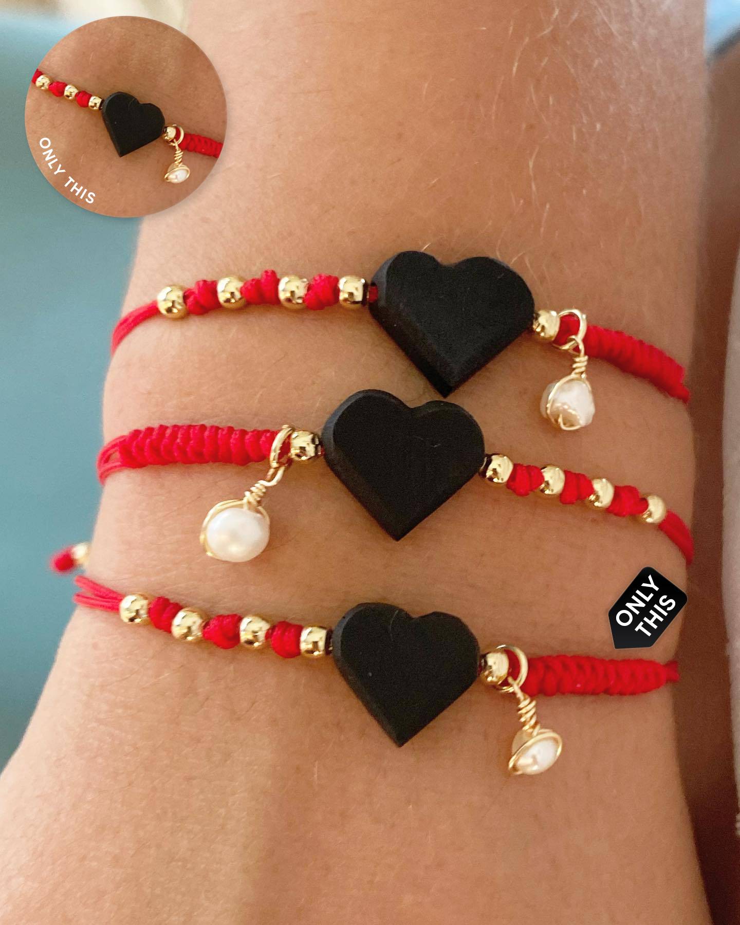 Pulsera de Corazón Negro de Azabache en Hilo Rojo Ajustable con Perla ...
