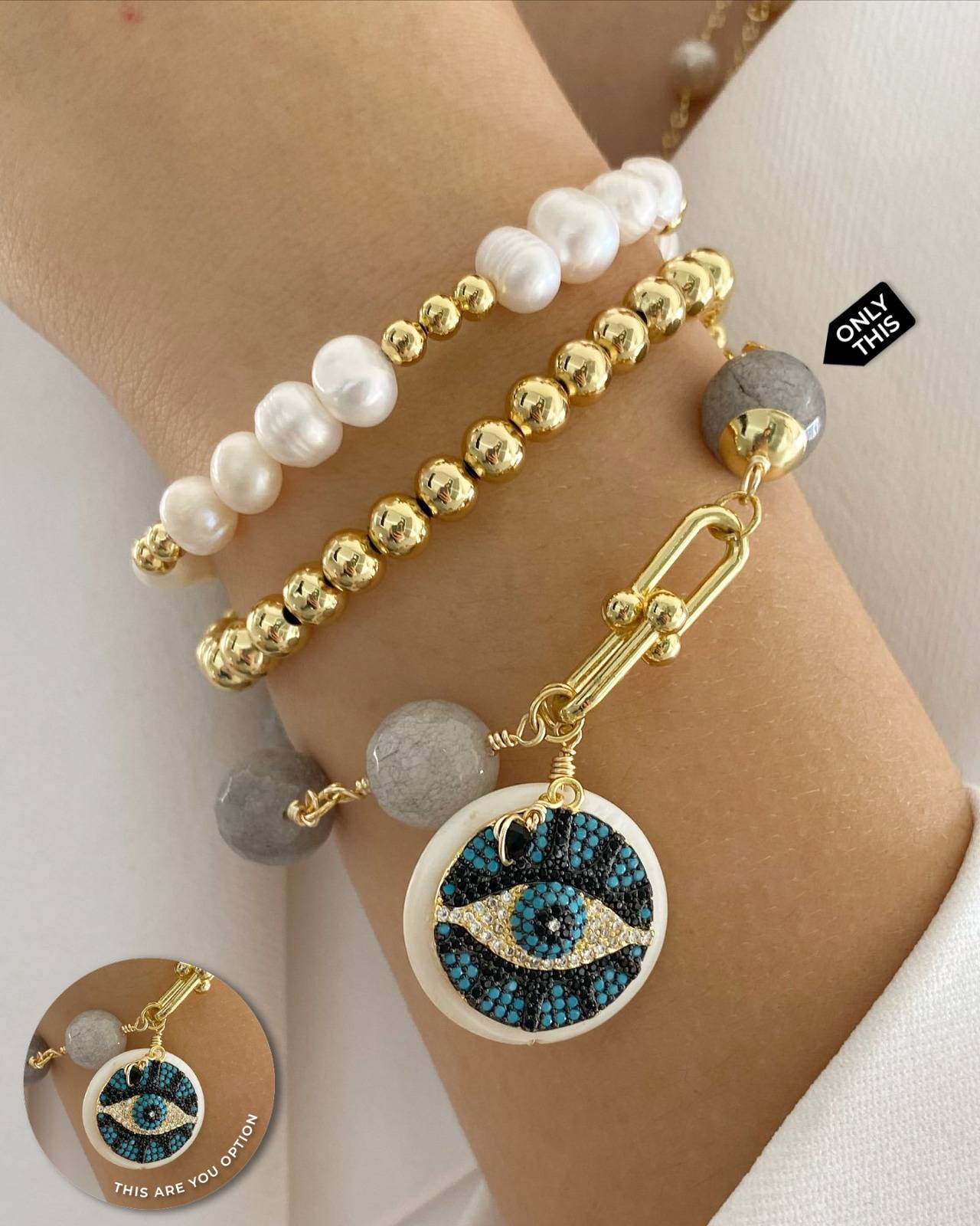 Pulsera de Ojo Turco con Zirconias en 18k Gold Filled con Piedras ...