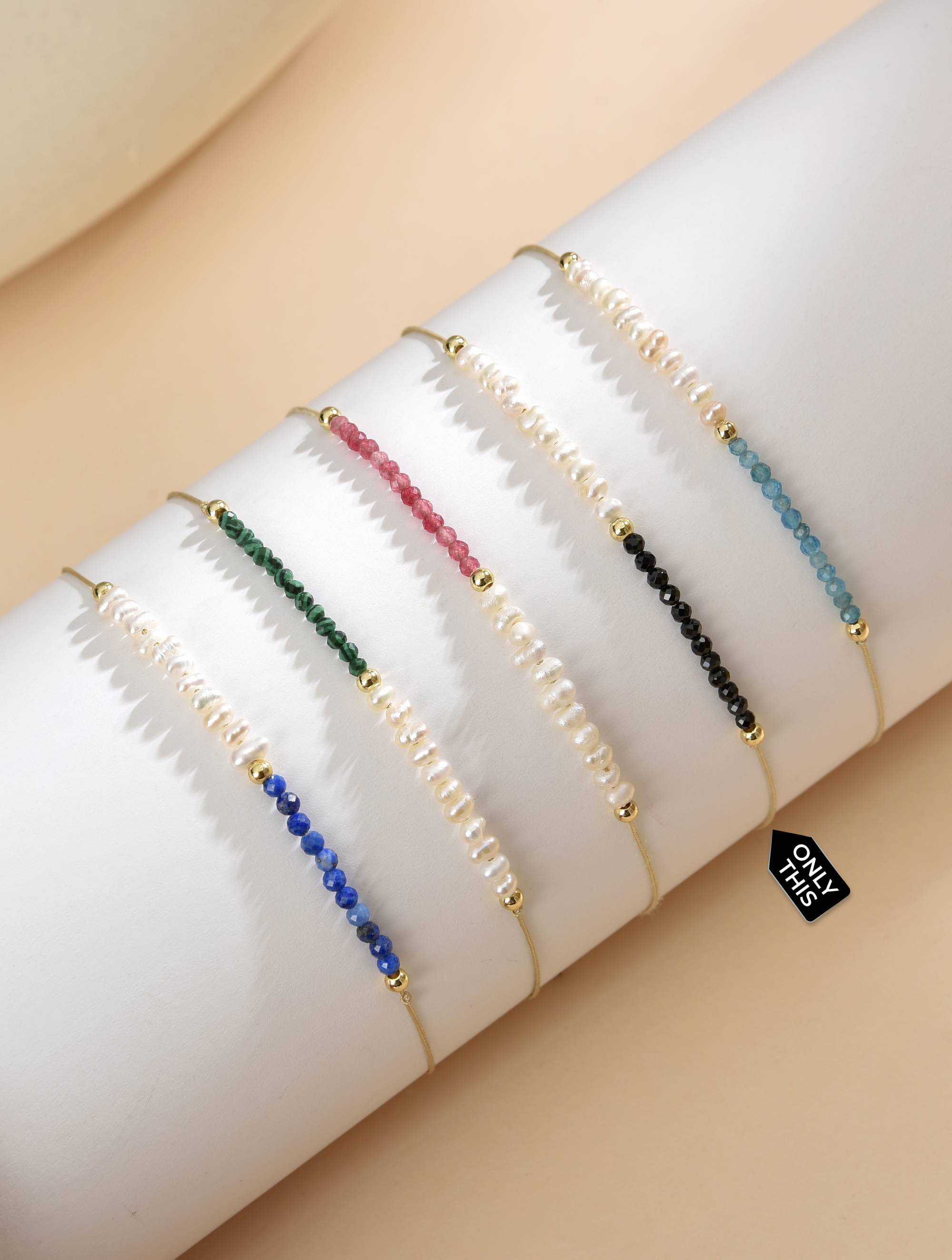 Gold Thread Bracelet with Half Pearls and Half Black Semi-Precious ...